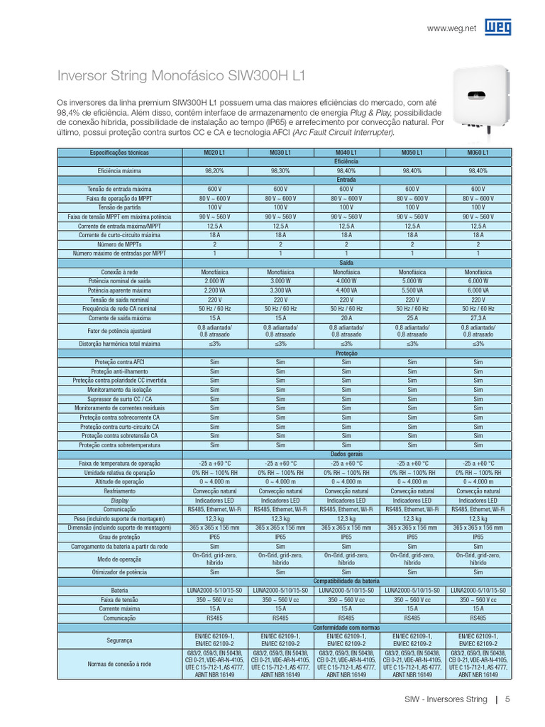 Datasheet Inversores Weg Siw300h L1 2-6KW | PDF