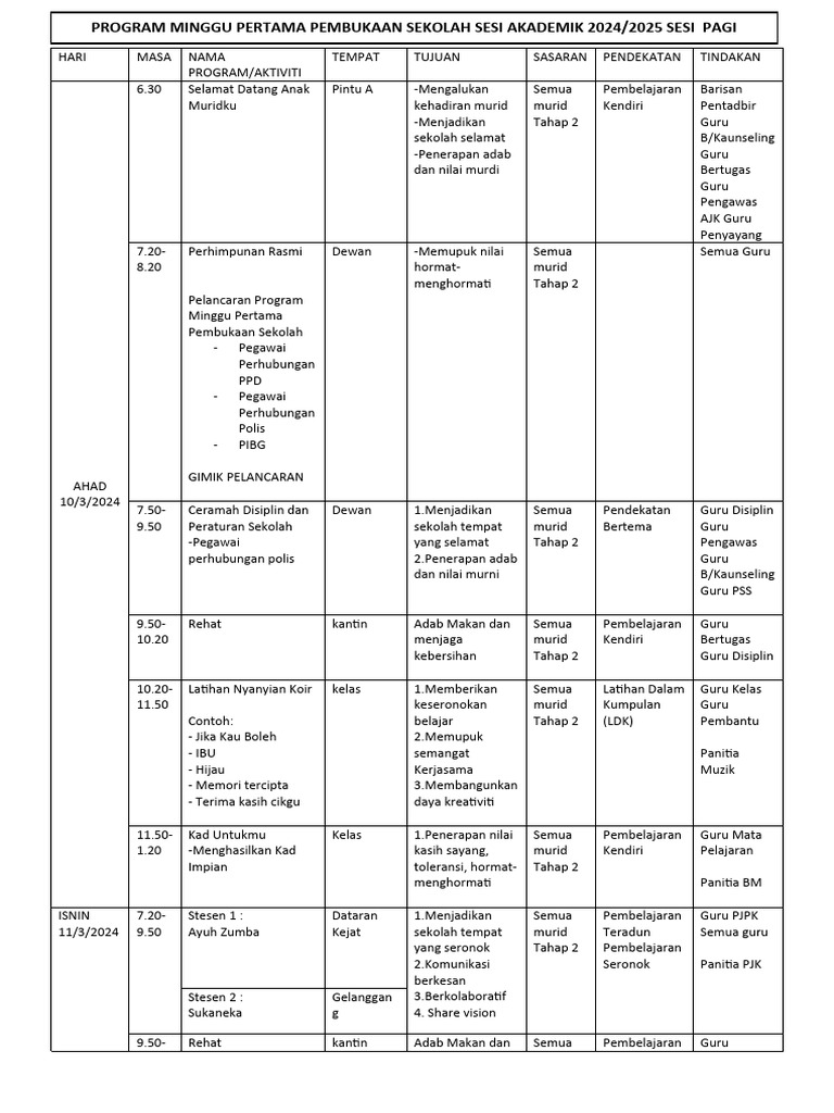 PROGRAM MINGGU PERTAMA PERSEKOLAHAN 2024 Pagi | PDF