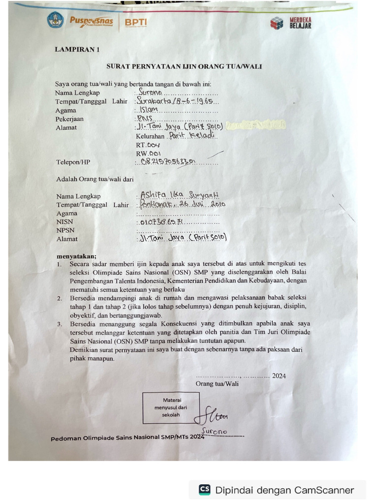 Pernyataan Ortu | PDF