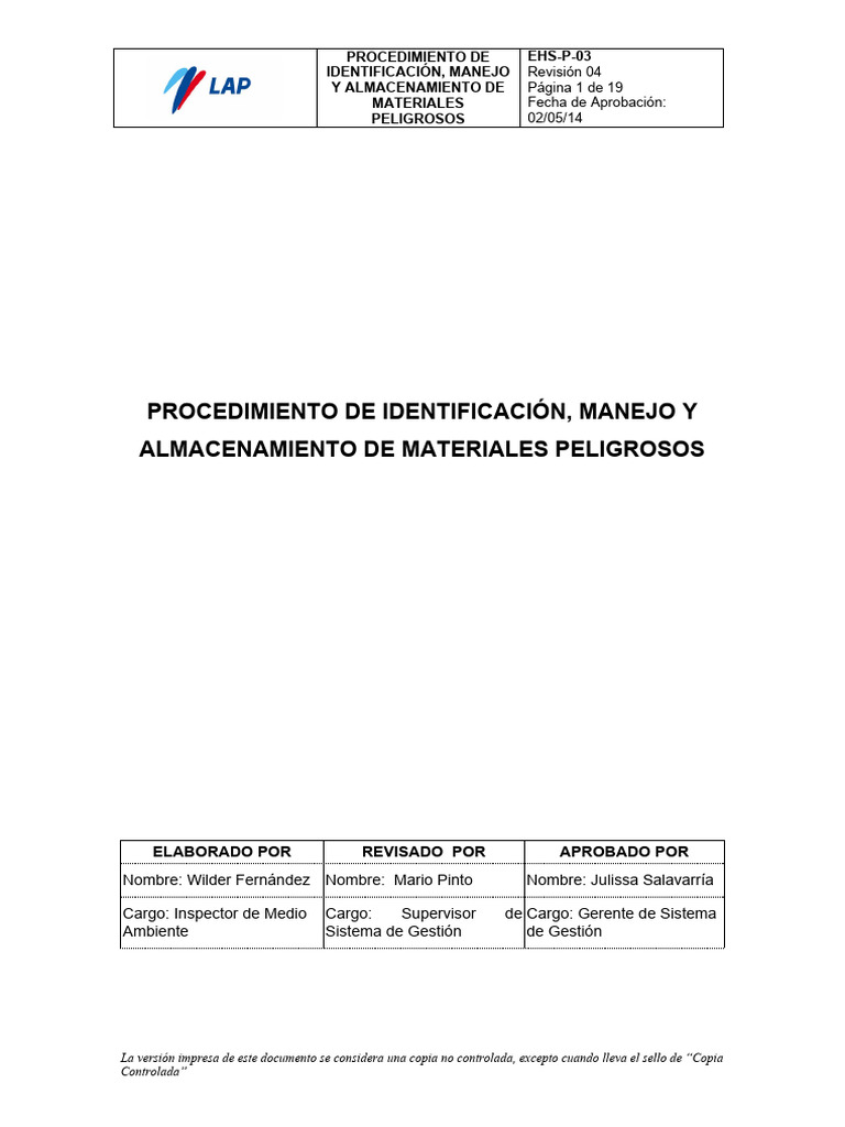 313-EHS-P-3 PROCEDIMIENTO DE IDENTIFICACIÓN, MANEJO Y ALMACENAMIENTO DE MATERIALES PELIGROSOS ...