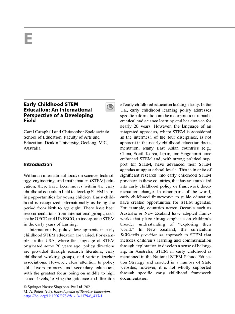 Early Childhood STEM Education An International Perspective of A ...