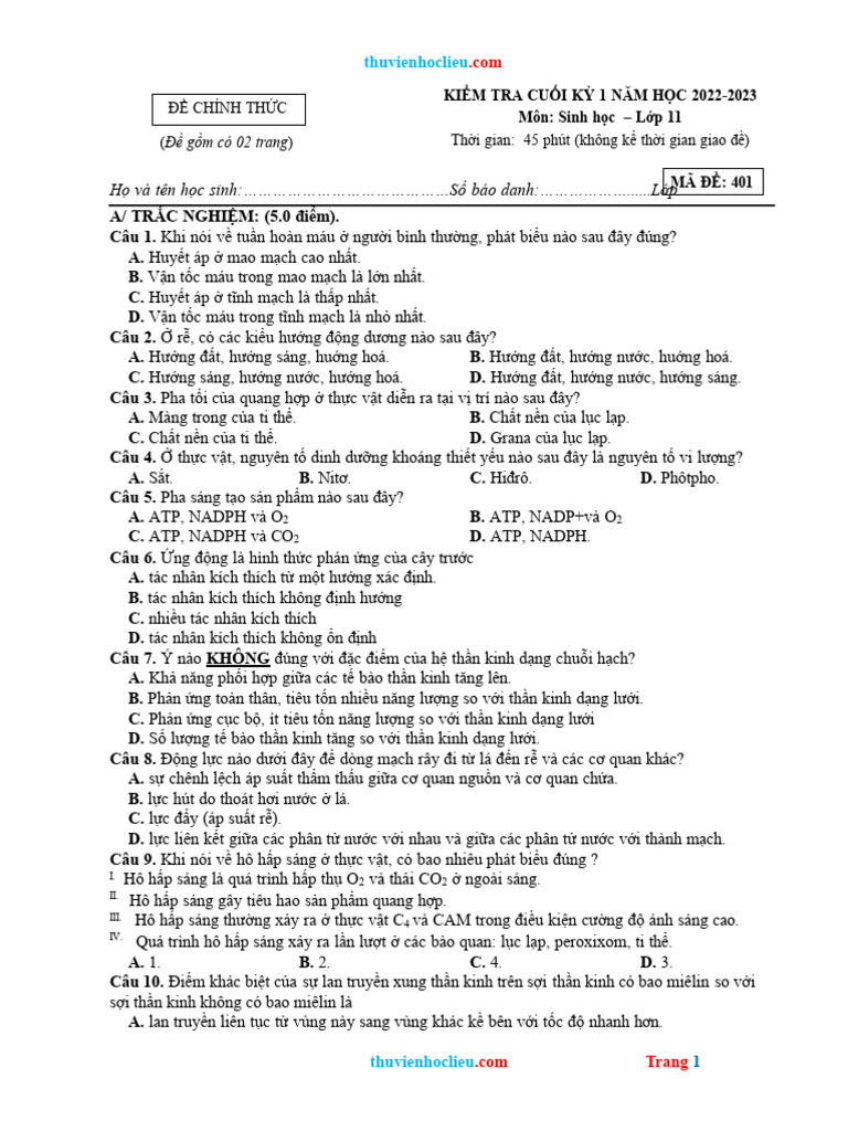 De Thi HK1 Mon Sinh 11 Nam 22 23 | PDF