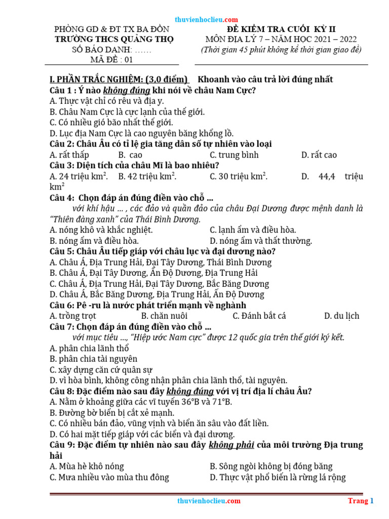 De Thi HK2 Dia 7 THCS Quang Tho 2021 2022 Co Dap An | PDF