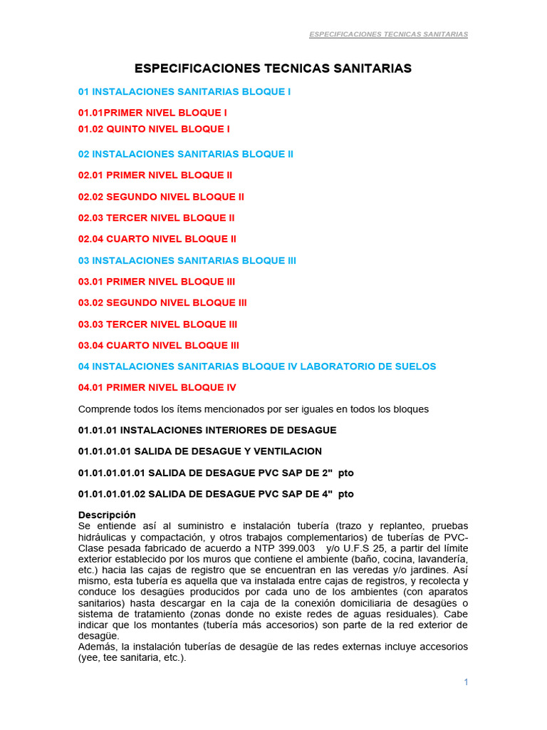 4 Especificaciones Tecnicas Sanitarias | PDF | Tubería (transporte de fluidos) | Presupuesto
