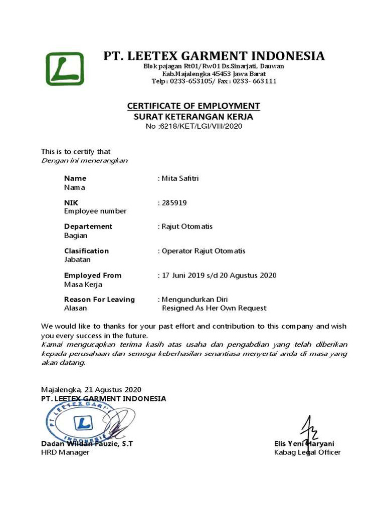 Contoh Paklaring | PDF