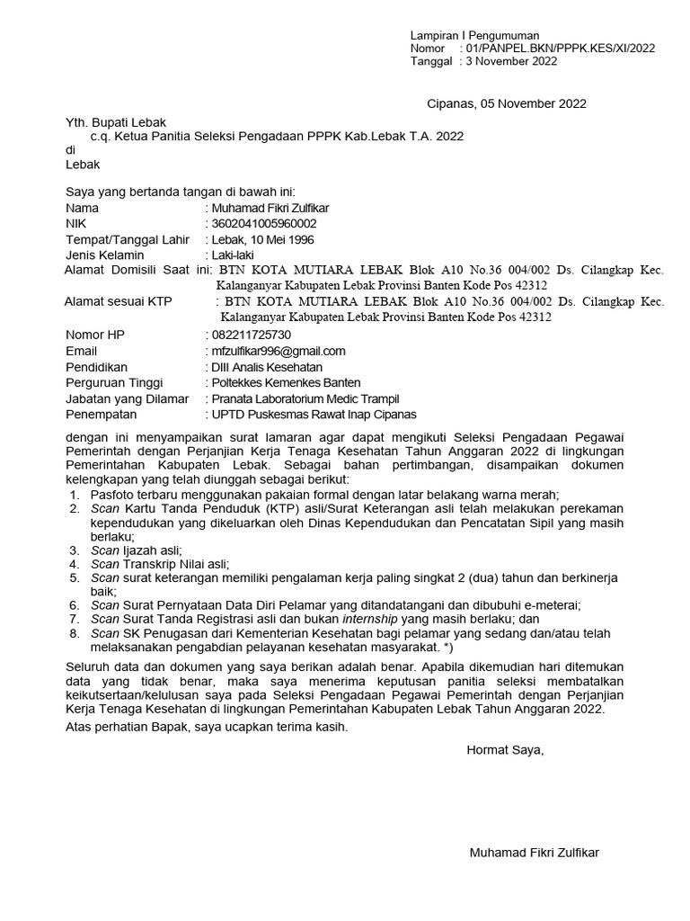 SURAT LAMARAN FIX fikri | PDF