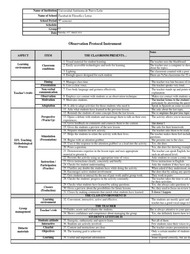 Observation Protocol Instrument 2024 EXAMPLE (1) 1 | PDF