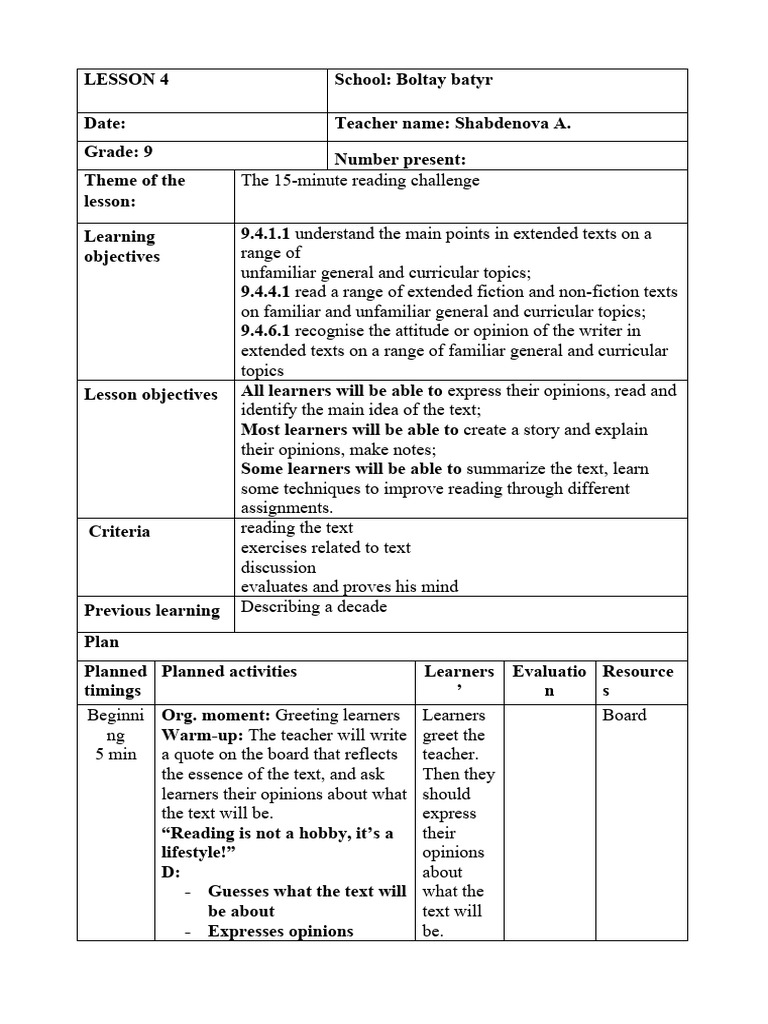 Lesson Plan For Seminar, 9th Grade | PDF | Learning | Cognition