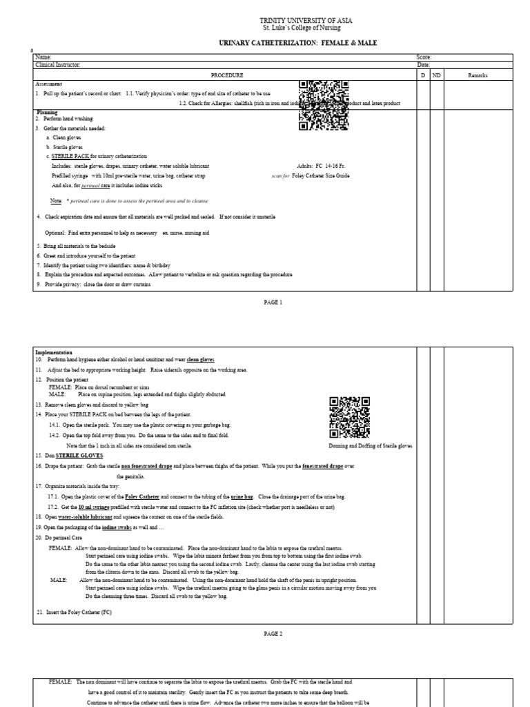 Urinary Catheterization Checklist | PDF