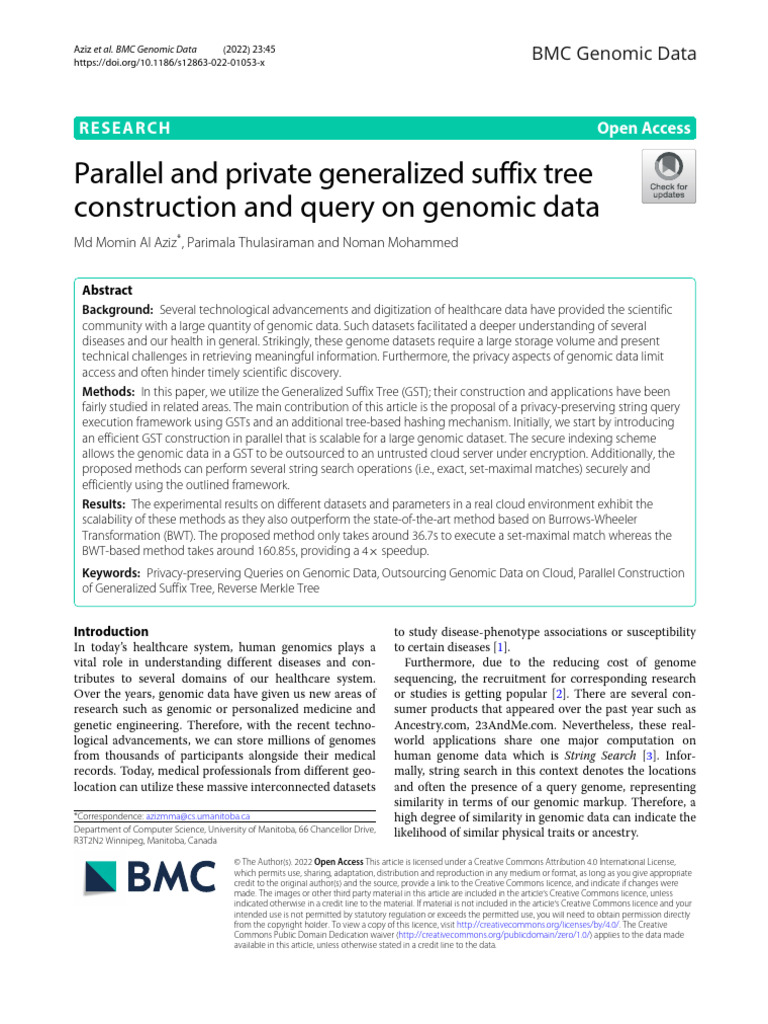 Parallel and Private Generalized Suffix Tree Construction and Query On Genomic Data | PDF ...