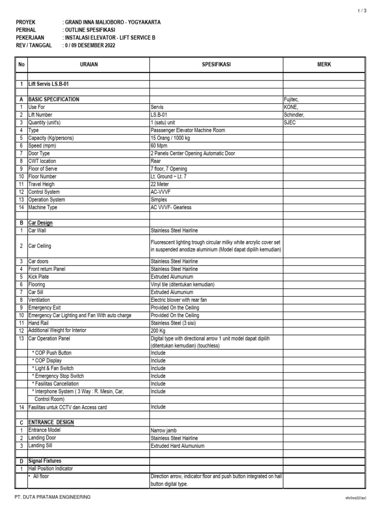 Outline Spesifikasi - Elv (LS-B) | PDF | Elevator | Door