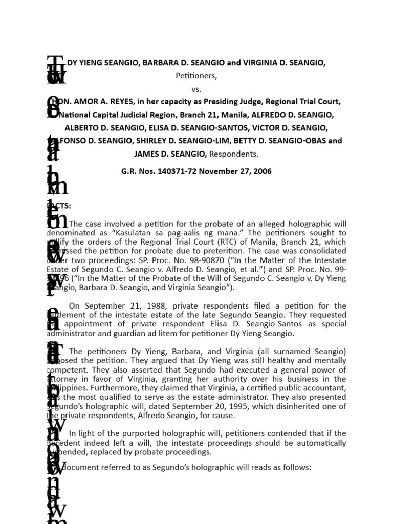 Holographic Will Probate Case Summary | PDF