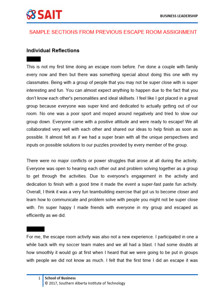 Reflections PREVIOUS ESCAPE ROOM ASSIGNMENT | PDF | Leadership | Cognition