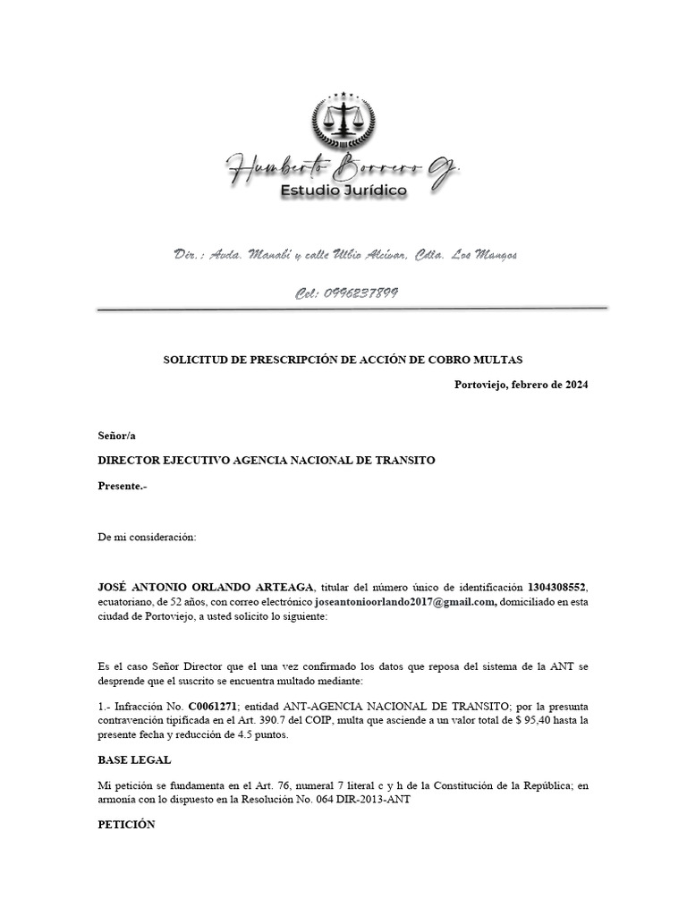 Solicitud de Prescripcion de Accion de Cobro Multas | PDF