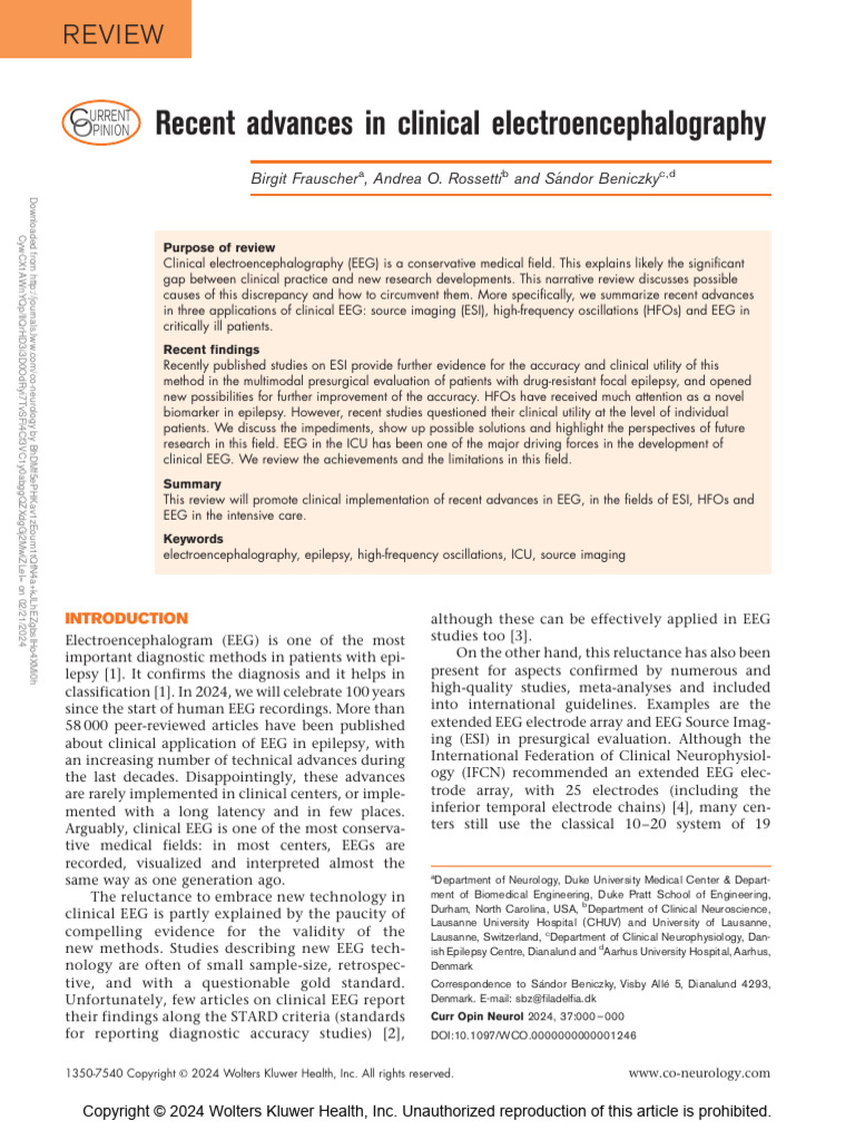 Recent Advances in Clinical Electroencephalography.134 | PDF | Electroencephalography | Epilepsy