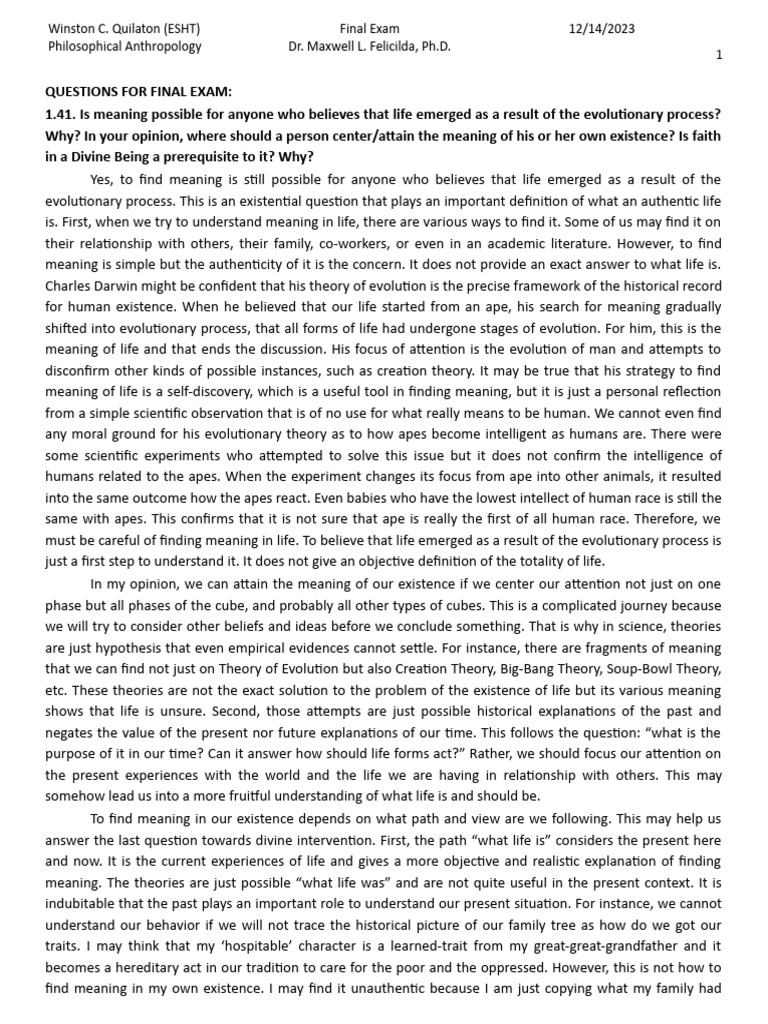 QUILATON - Final Exam in Anthropology | Download Free PDF | Existentialism | Atheism