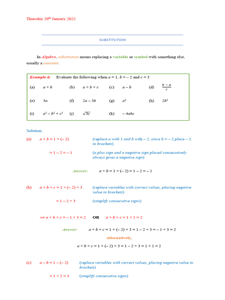 Algebra Substitution Examples and Solutions | PDF | Multiplication ...