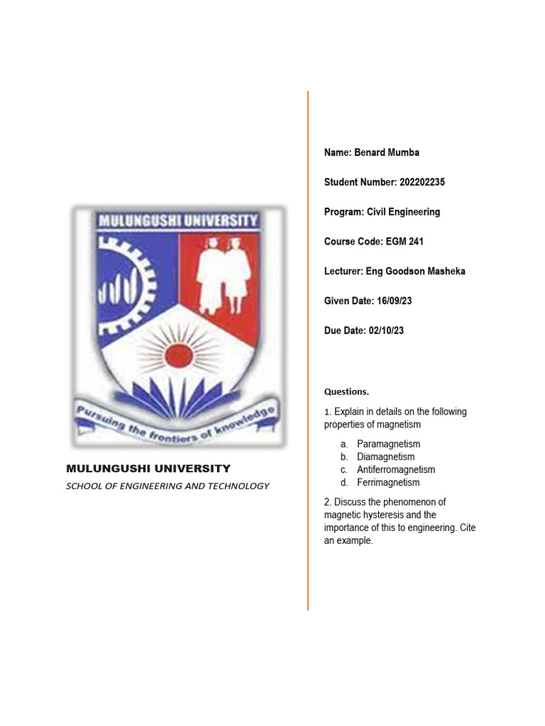 Assignment 21 EGM 241 | Download Free PDF | Magnetism | Ferromagnetism