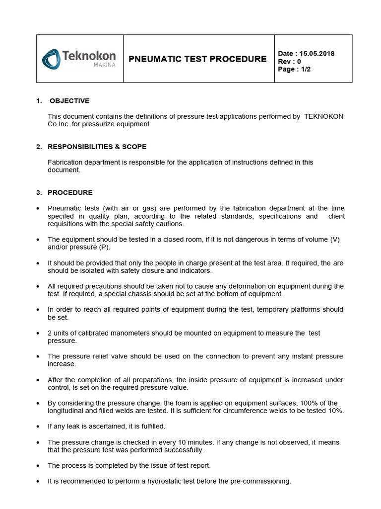 Pneumatic Test Procedure Guide | PDF | Pressure | Gases