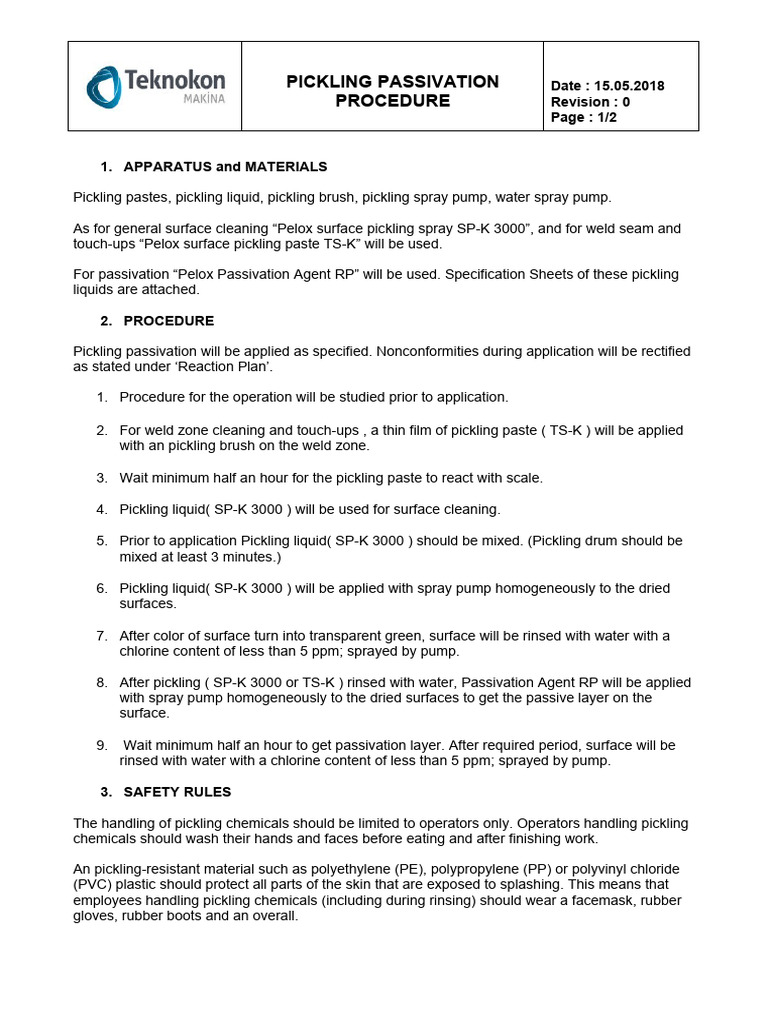Pickling and Passivation Procedure Guide | PDF | Water | Construction