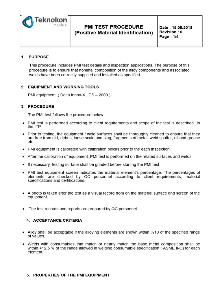 PMI Testing Procedure and Criteria | PDF | Alloy | Metals