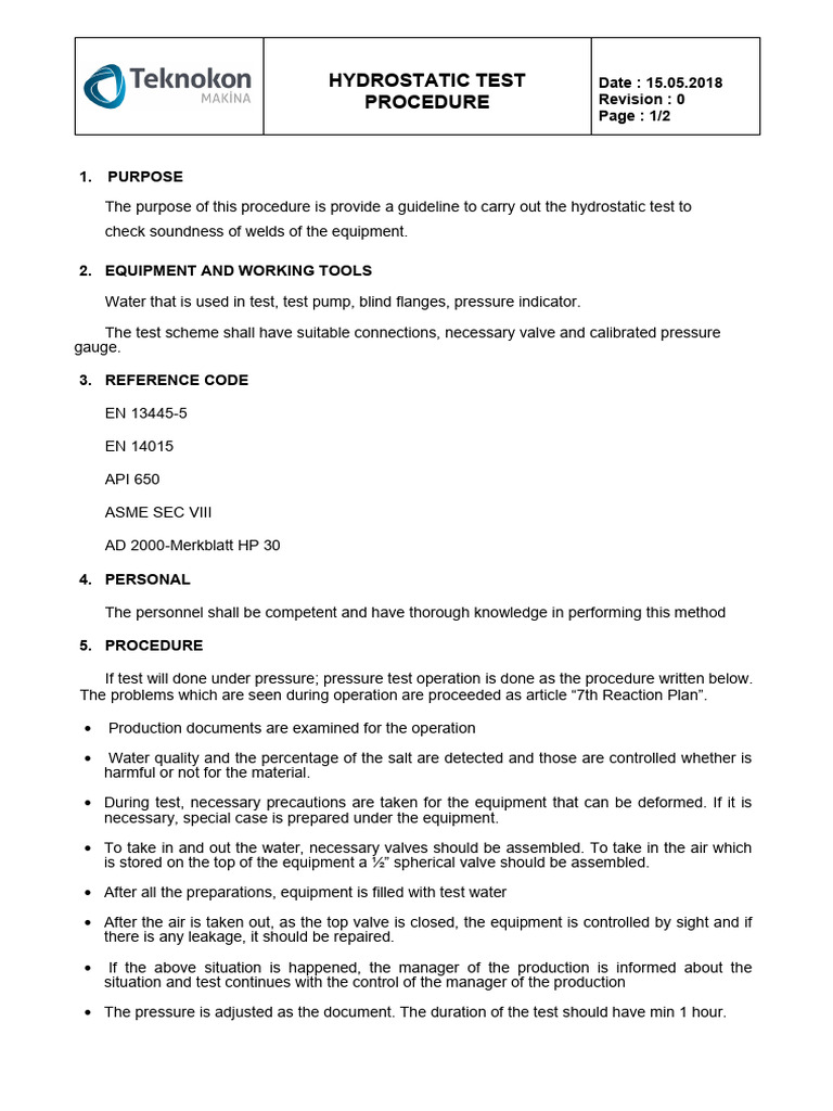 1-Hydrostatic Test Procedure | Download Free PDF | Leak | Equipment