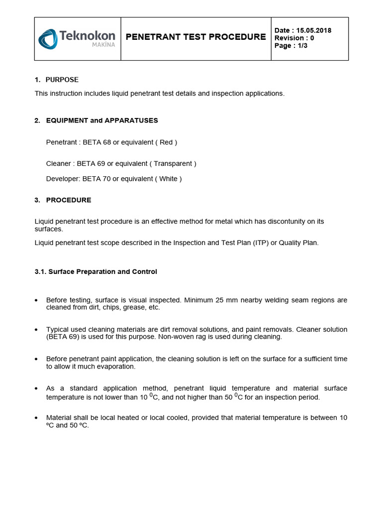 6-Penetrant Test Procedure | PDF | Chemistry | Civil Engineering