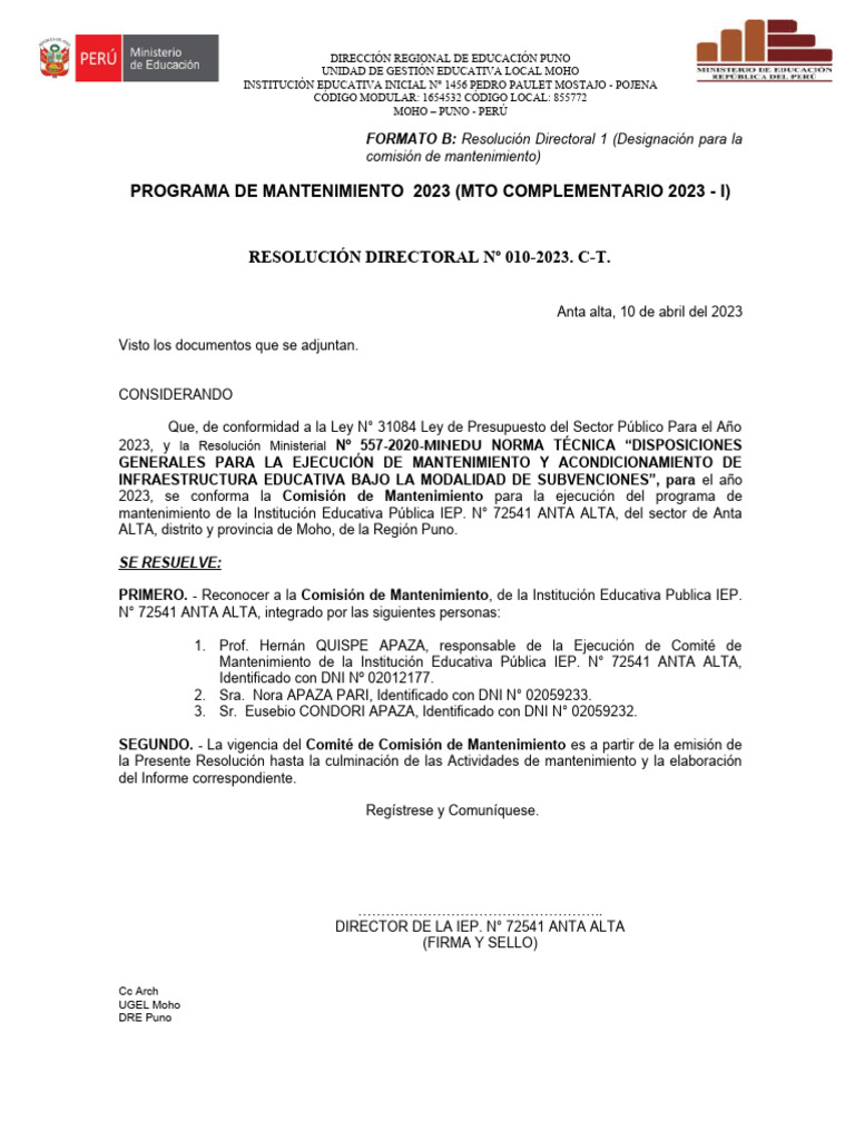 3.acta de Conformación de Comite de Mantenimiento y CONEI (Resoluciones ...