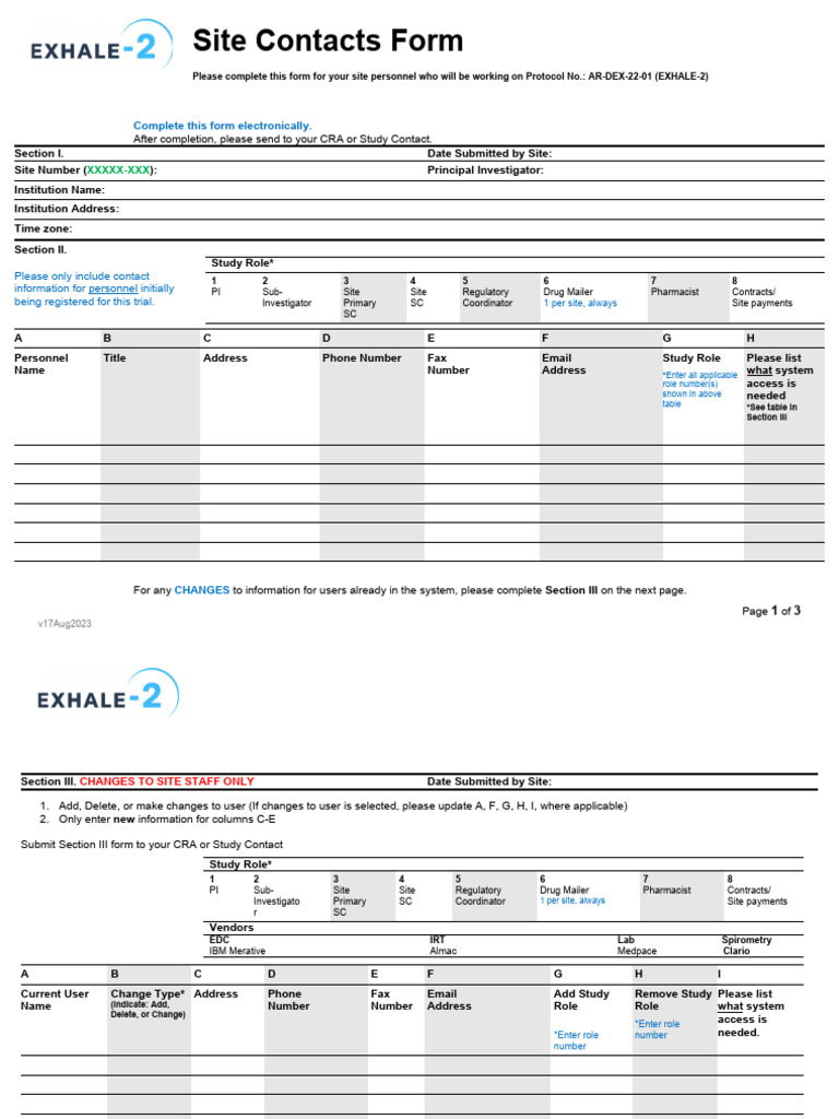 EXHALE-2 Site Contacts Form Template v17AUG2023 Final | PDF ...