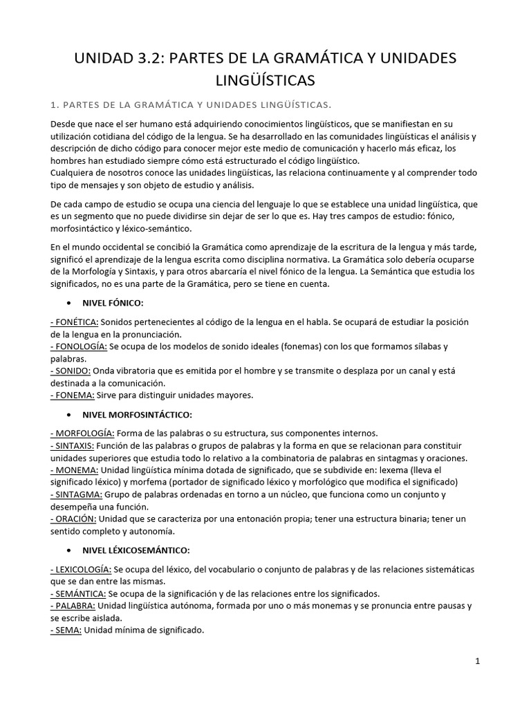 Unidad 3.2 - Partes de La Gramática y Unidades Lingüísticas | PDF ...