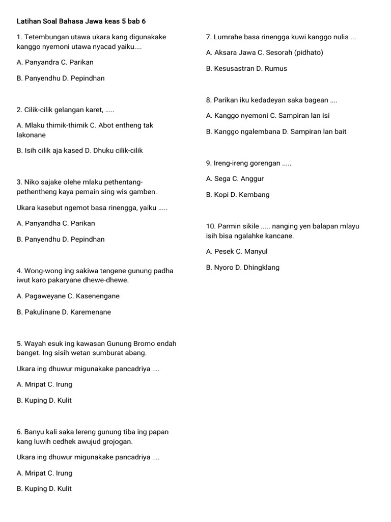 Kelas 5 Latihan Soal 6 Bahasa Jawa | PDF