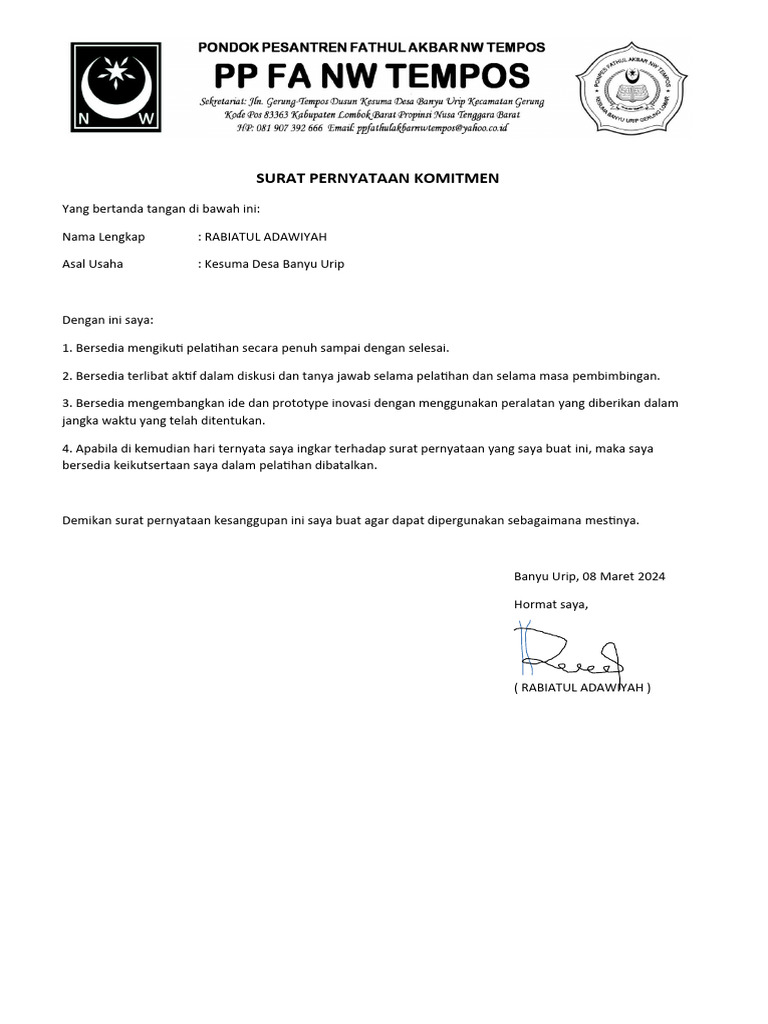 Surat Pernyataan Komitmen | PDF