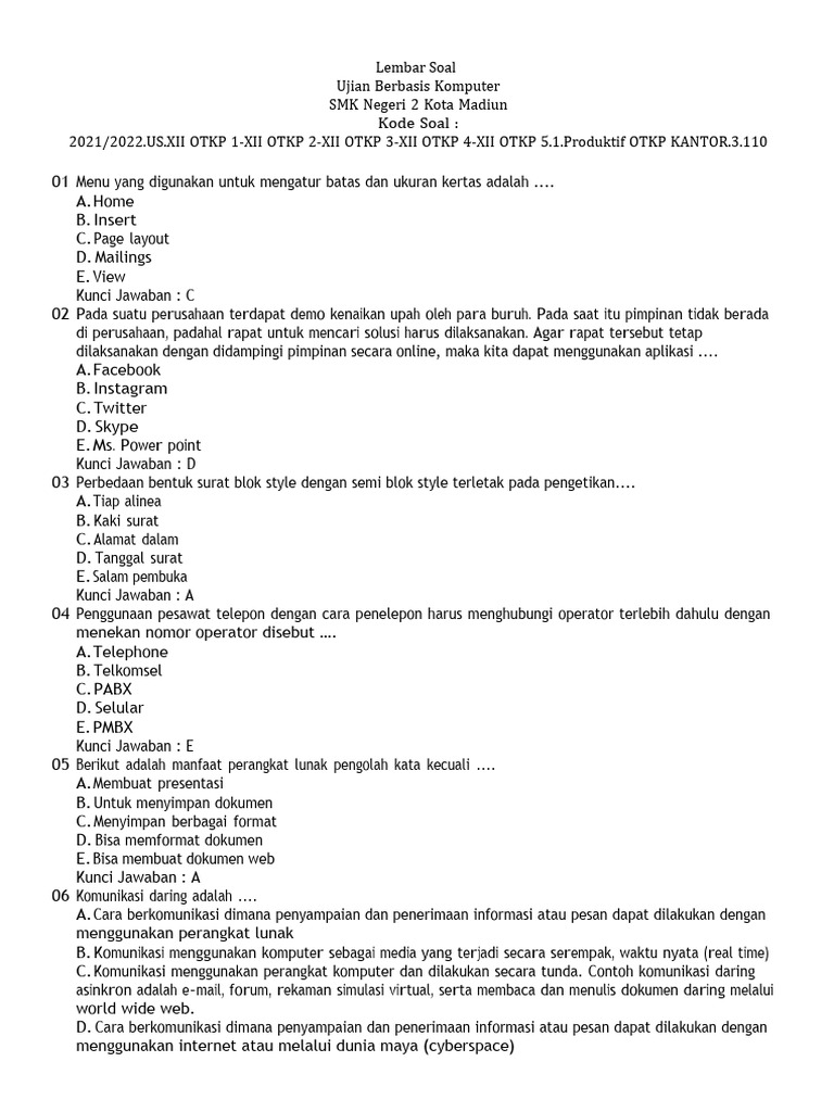 Soal Dan Jawaban Soal Kejuruan Otkp | PDF