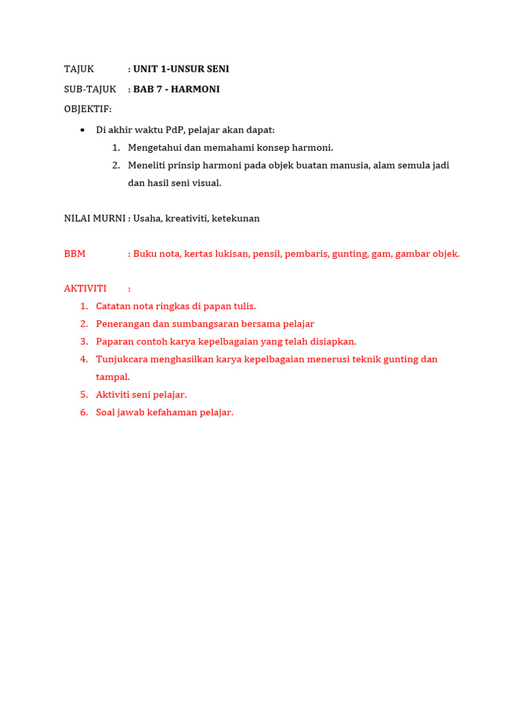 Pendidikan Seni Visual Tingkatan 1 Bab 8 Harmoni | PDF | Seni