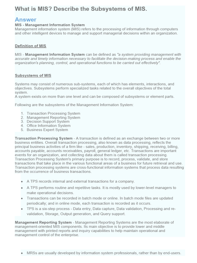 Subsystems of Mis | PDF | Information System | Decision Support System