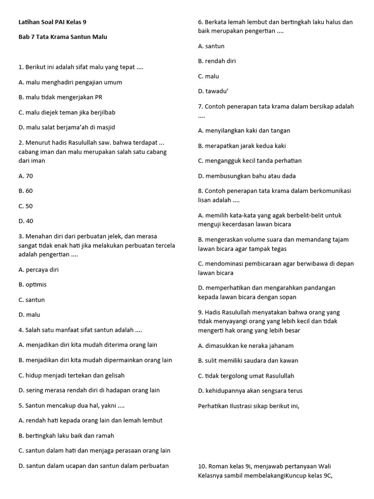 kelas 9 Latihan soal bab 7 PAI tata krama | PDF