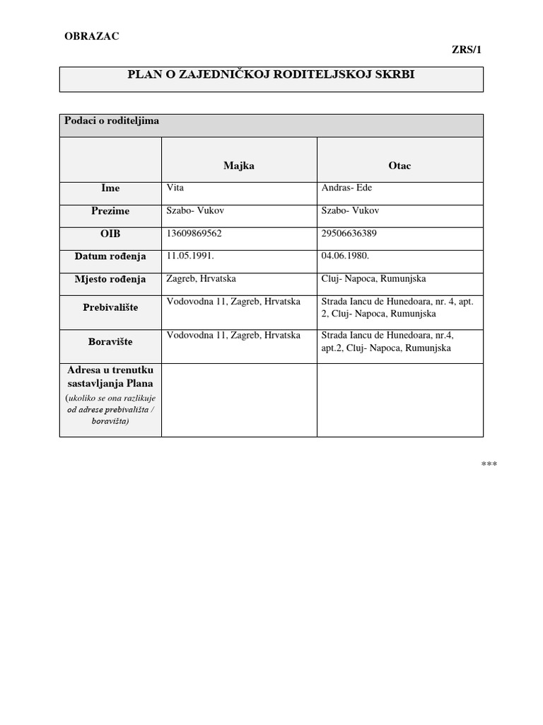 Plan o Zajednickoj Roditeljskoj Skrbi | PDF