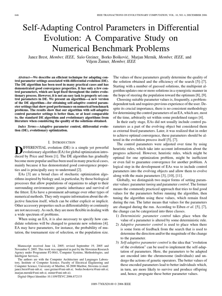 Self-Adapting Control Parameters in Differential | PDF | Mathematical Optimization | Genetic ...