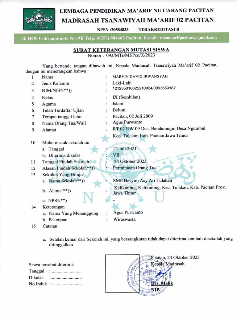 Surat Mutasi Marvin David Irwansyah | PDF