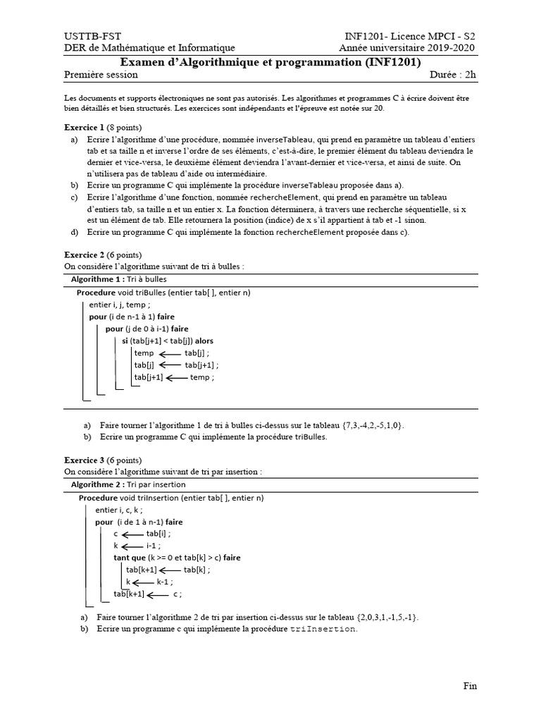 Examen Et Corrigé INF1201 (Algorithmique Et Programmation) | PDF ...