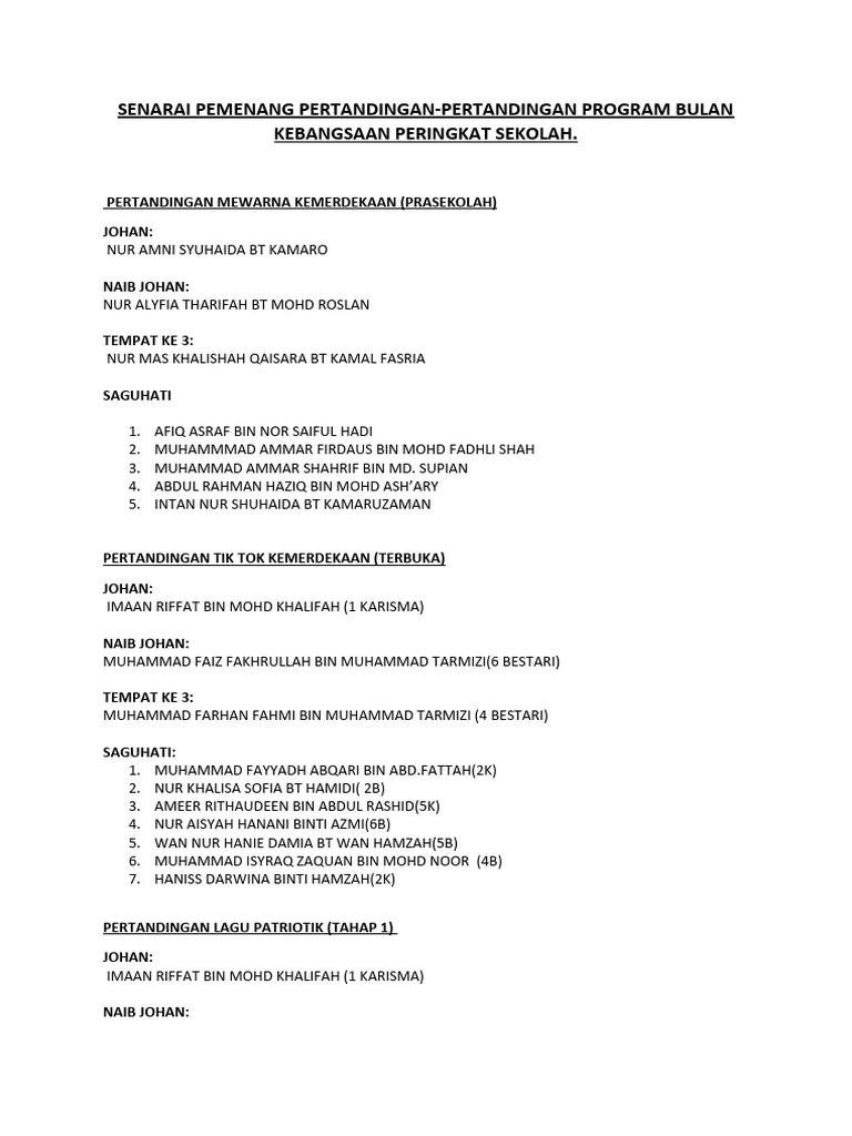 Pemenang Pertandingan Bulan Kebangsaan | PDF