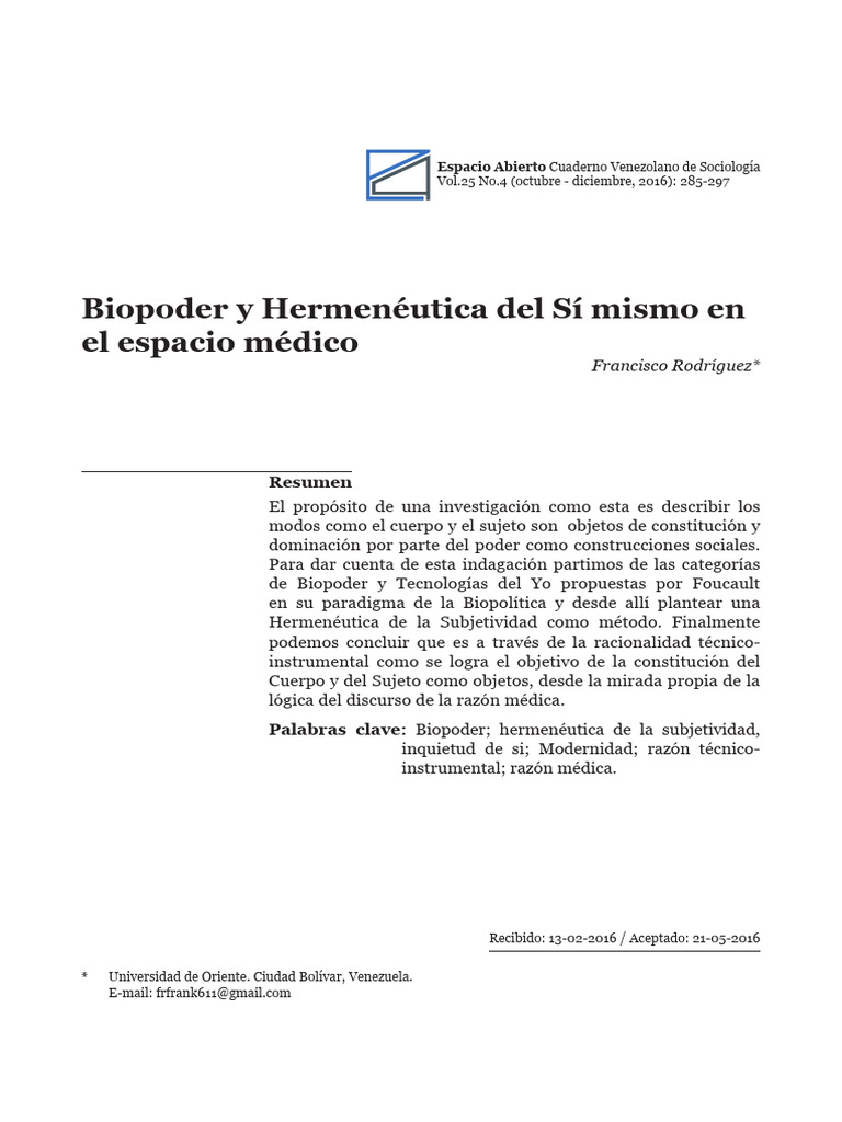 Biopoder y Hermenéutica Del Sí Mismo en El Espacio Medico | PDF ...