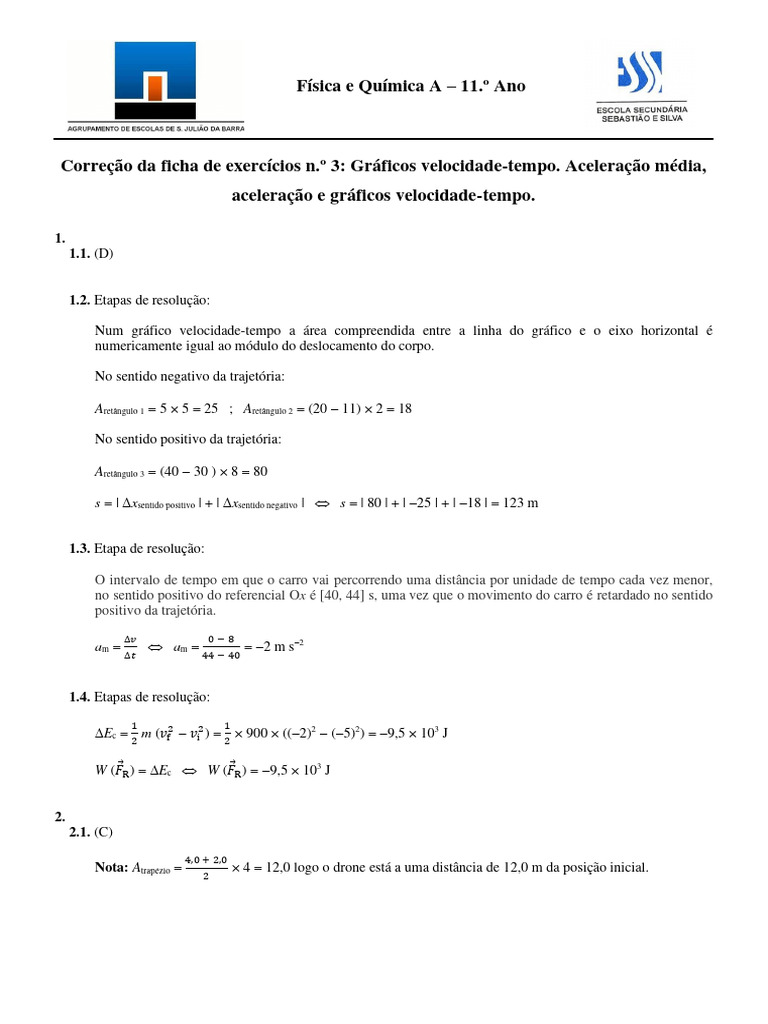 Correção Da Ficha De Exercícios N º 3 Gráficos Velocidade Tempo Pdf