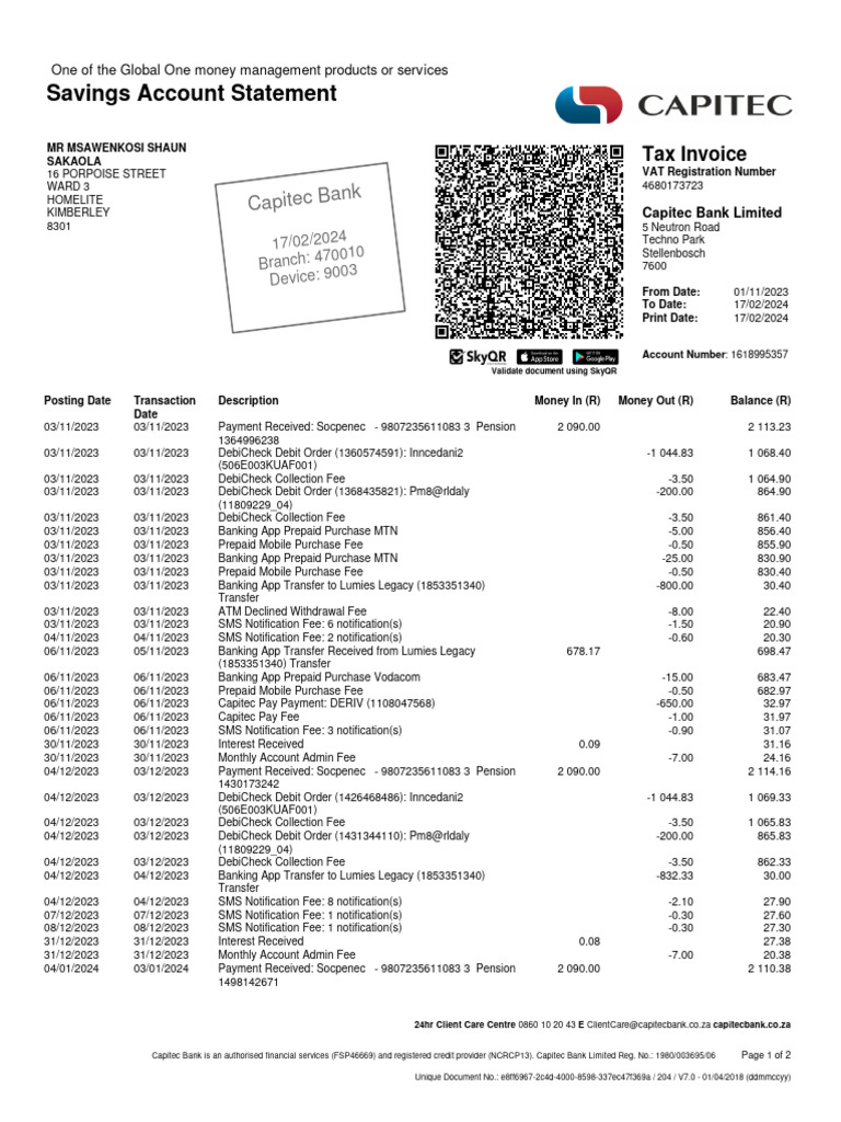 Capitec Bank Account Statement Summary | PDF