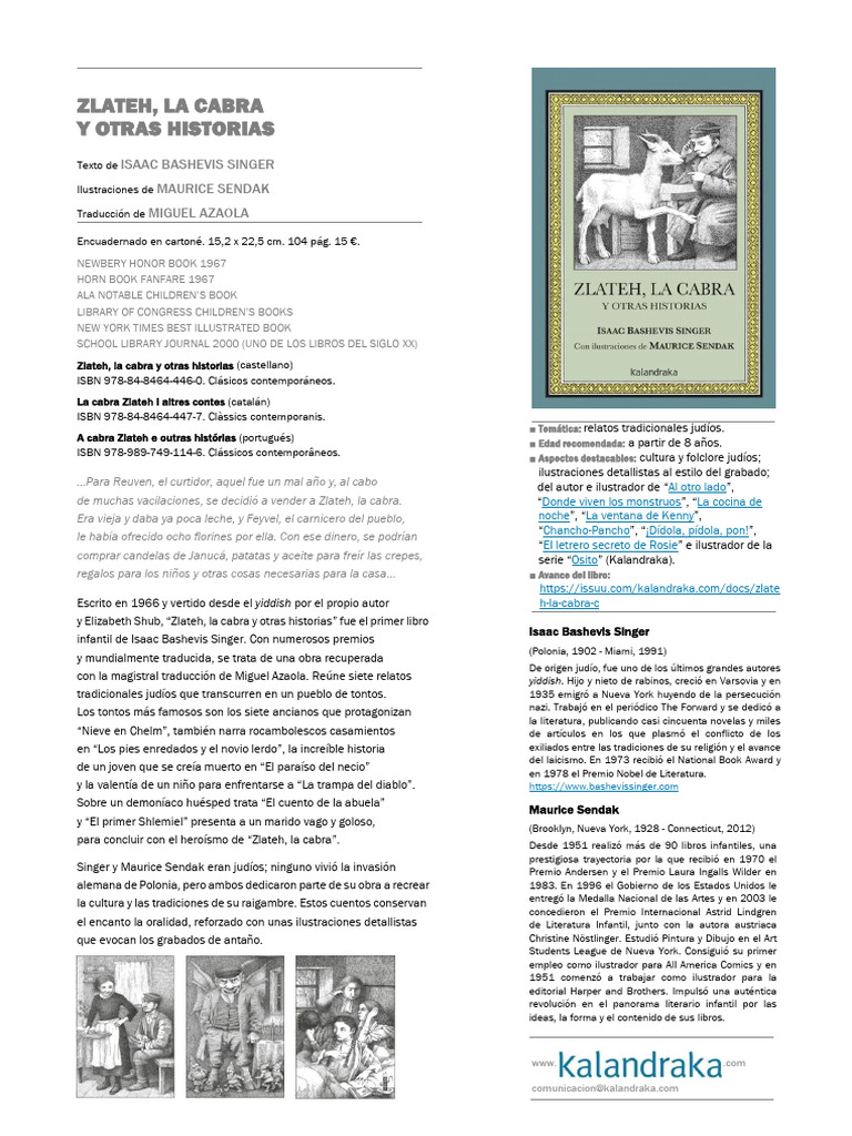 Zlateh La Cabra y Otras Historias C | PDF