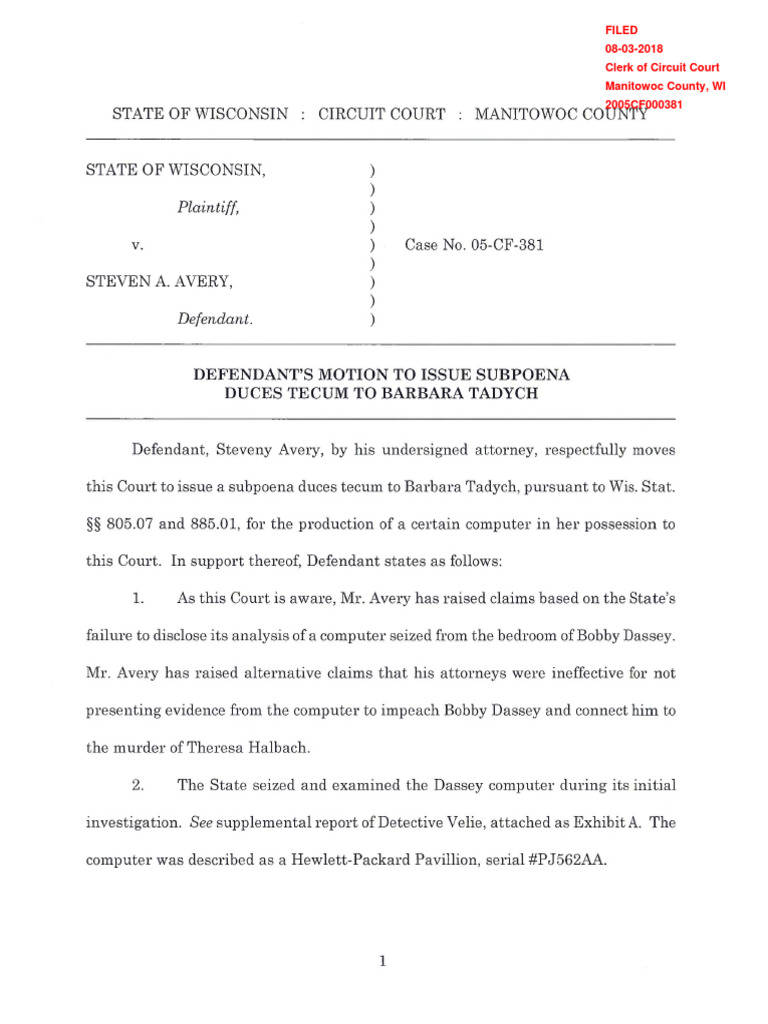 2018.08.03 Motion To Issue Supoena Duces Tecum To Barbara Tadych | PDF ...