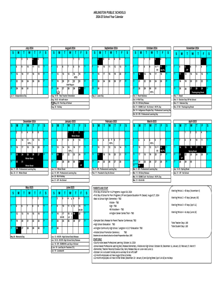 Arlington Public Schools 2024-25 Calendar | PDF | Public Holiday ...