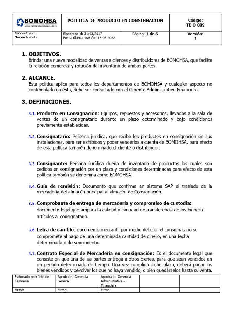 TE-O-009 Politica de Producto en Consigancion (Revisado) | PDF | Finanzas y dinero