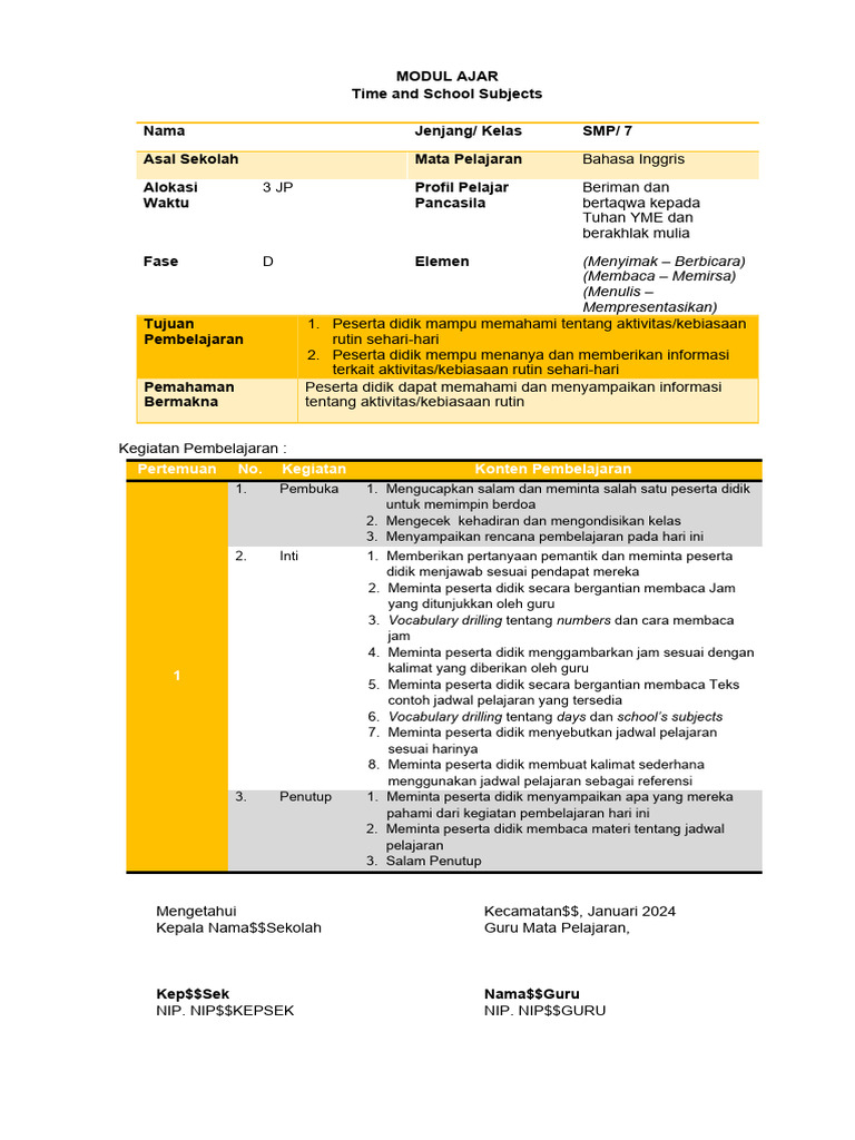 MODUL AJAR Pertemuan 1, Time, Days of Week, School Subjects | PDF