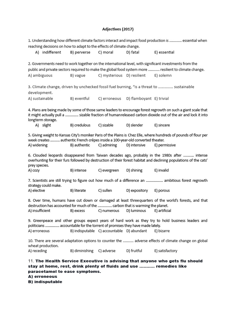 Adjective Test (2015) | PDF | Climate Change | Natural Environment